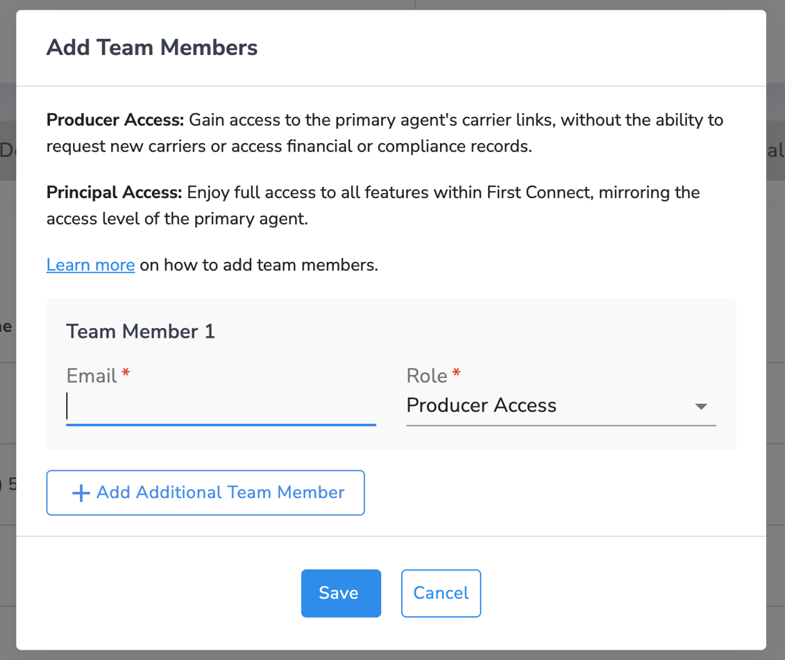 How do I add my team to my First Connect Account?